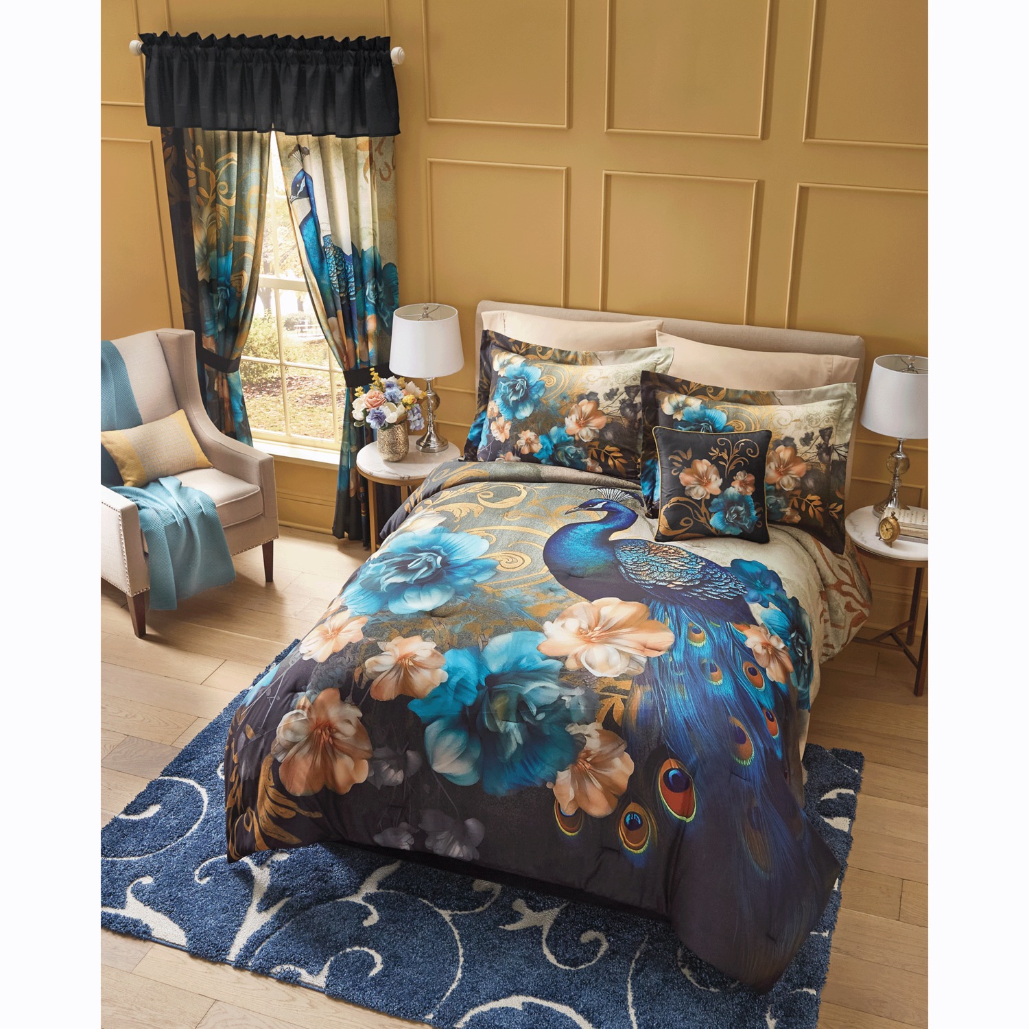 Elegant Peacock Comforter Set, Accent Pillow, Panel Pair and Valance ...